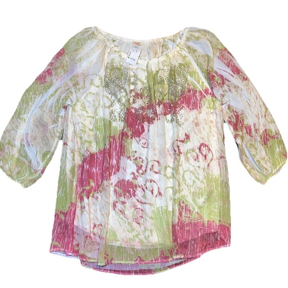 Reba | Tops | Reba Beige Green Pink Loose Got Long Sleeve Blouse ...